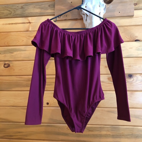 No Boundaries | Other | Body Suit Burgundy With Ruffle Open Shoulders ...
